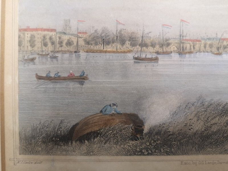 Rotterdam Gezicht op de Oude Hoofd Poort Maas gravure 1858 - 3dehands